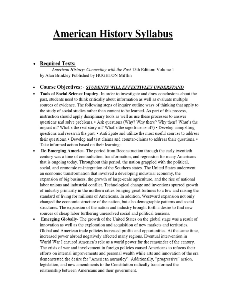 American History Syllabus | PDF | Great Depression | Test (Assessment)