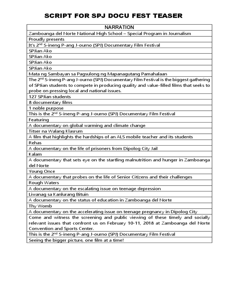 Script For SPJ Docu Fest Teaser | PDF