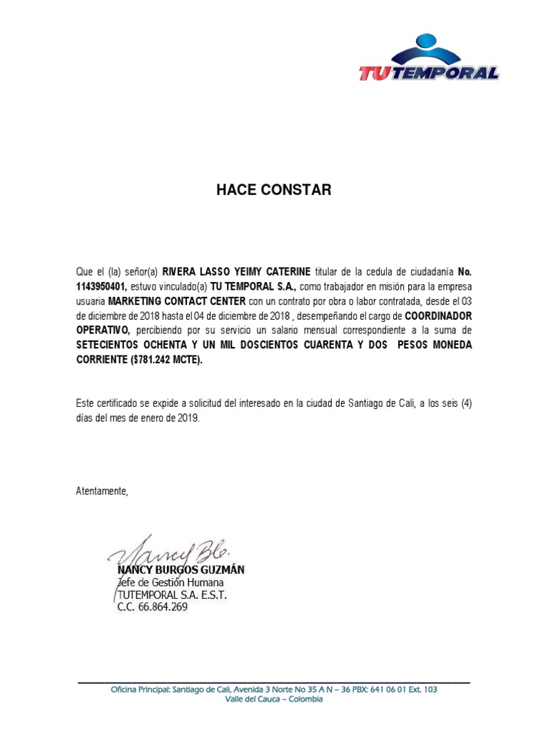 Yeimi Rivera Carta Laboral | PDF