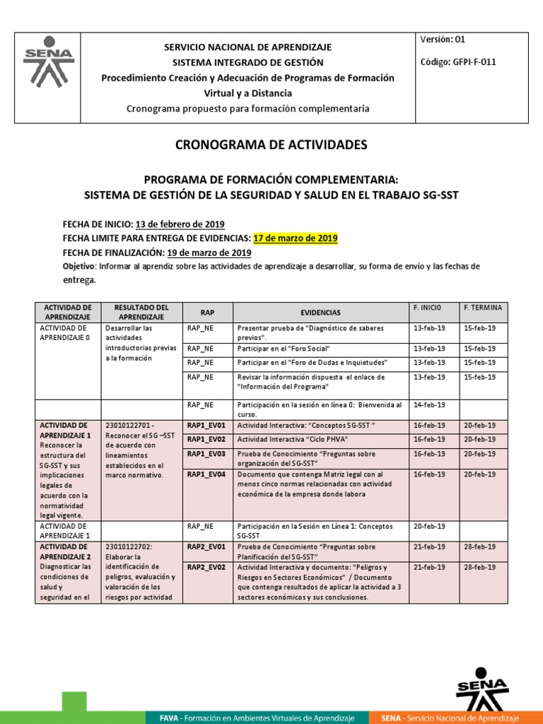 SG-SST - Cronograma de Actividades | Planificación | Aprendizaje