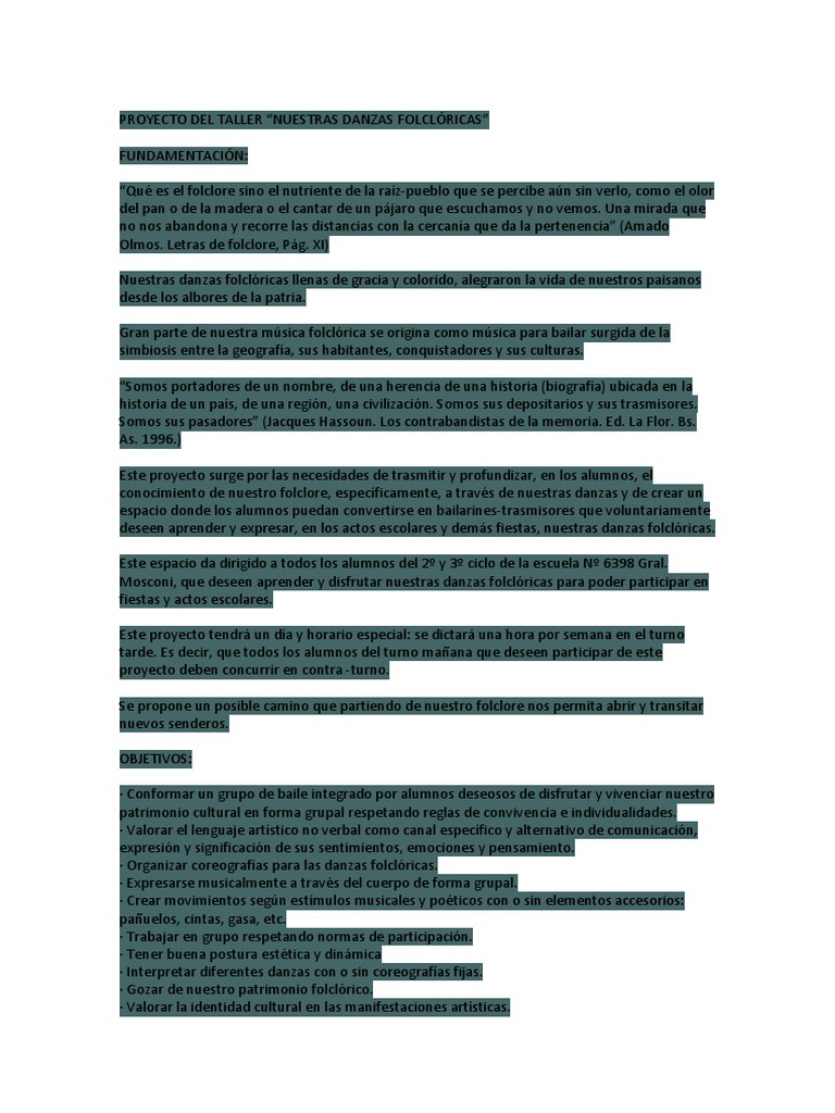 Proyecto Del Taller | PDF | Folklore | Bailes