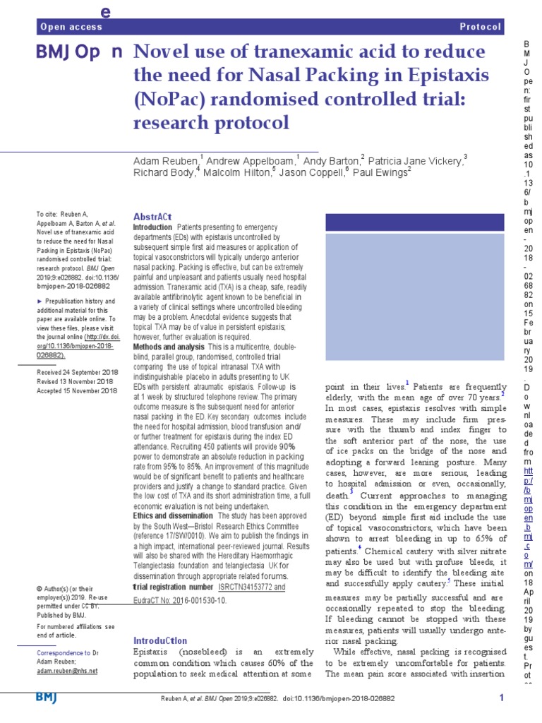 Novel Use of Tranexamic Acid To Reduce The Need For Nasal Packing in ...