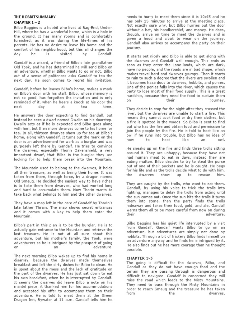 Chapter 1 - 2: The Hobbit Summary | PDF | Bilbo Baggins | Dwarf (Middle Earth)