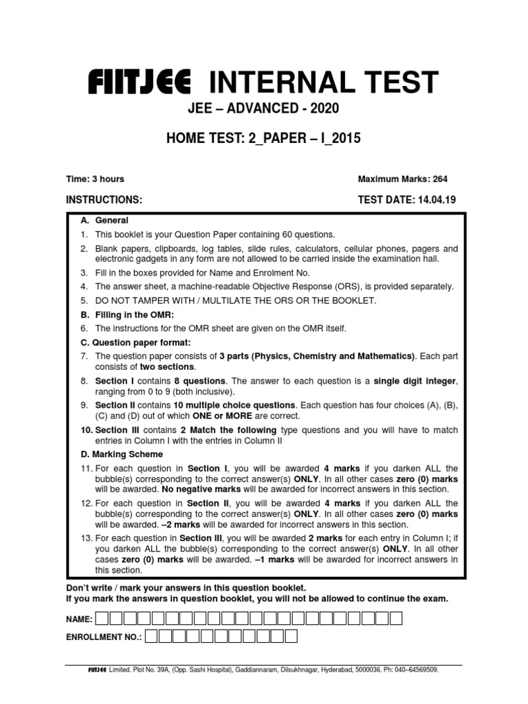Jee Advanced Paper 1 Model Paper | PDF | Gases | Force