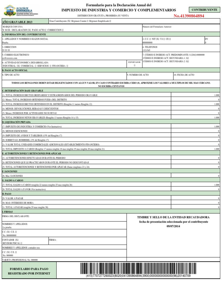 Declaracion Anual Del ICA Formulario | PDF | Impuestos | Economias