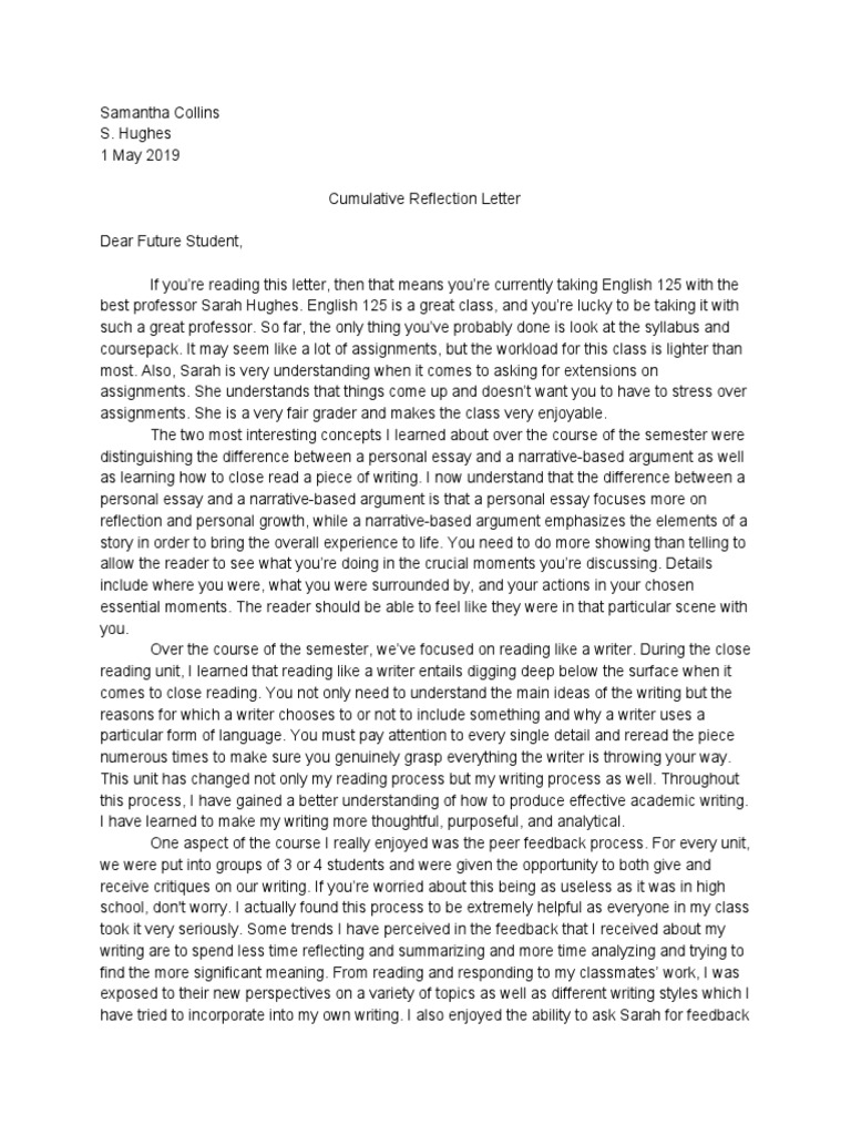 Cumulative Reflection Letter | PDF | Essays | Learning