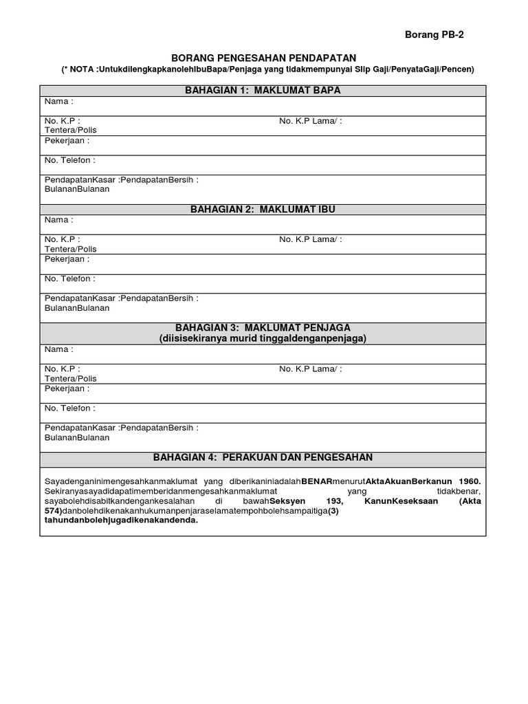 Borang Pb2 Borang Pengesahan Pendapatan | PDF