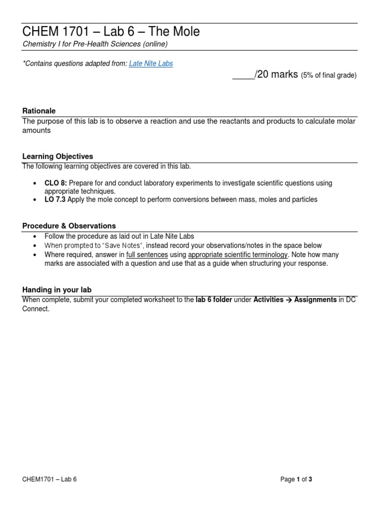 CHEM 1701 - Lab 6 - The Mole: - /20 Marks | PDF | Laboratories | Mole ...