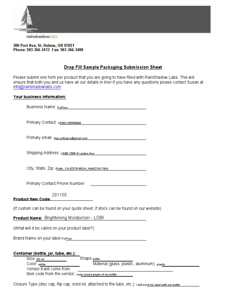 Drop Fill Sample Packaging Submission Sheet: 300 Port Ave, St. Helens ...