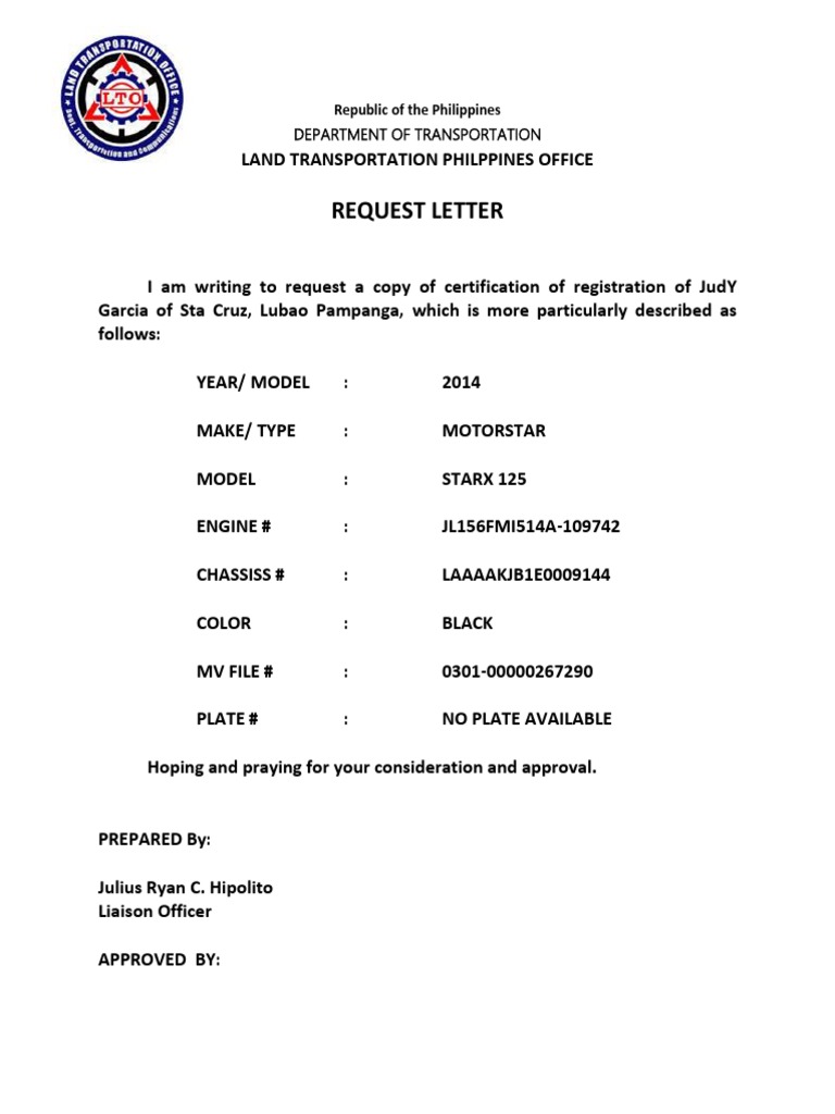 Letter of Request for Orcr