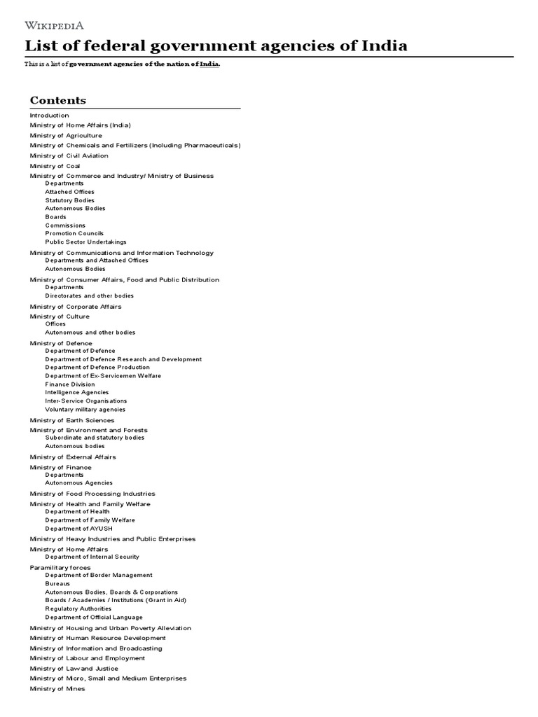 List of Federal Government Agencies of India - Wikipedia PDF | PDF ...
