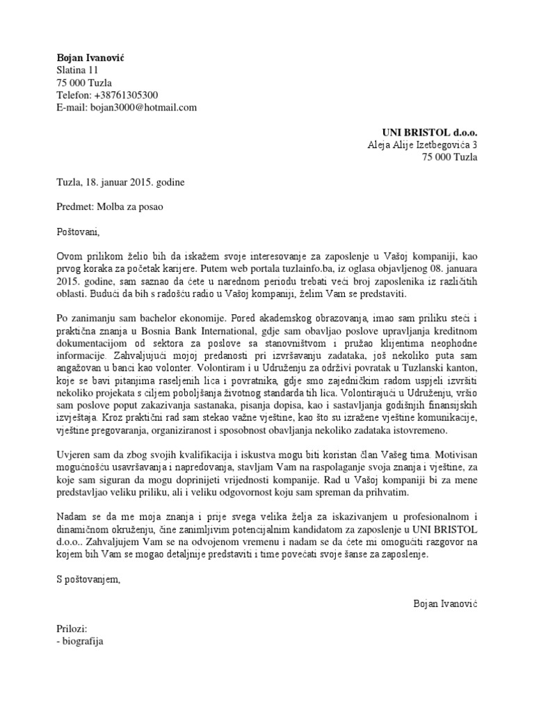 Zamolba Za Posao | PDF