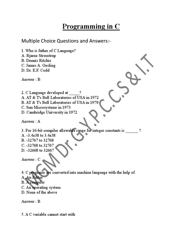 C Language Mcq S Pdf C Programming Language Software Development