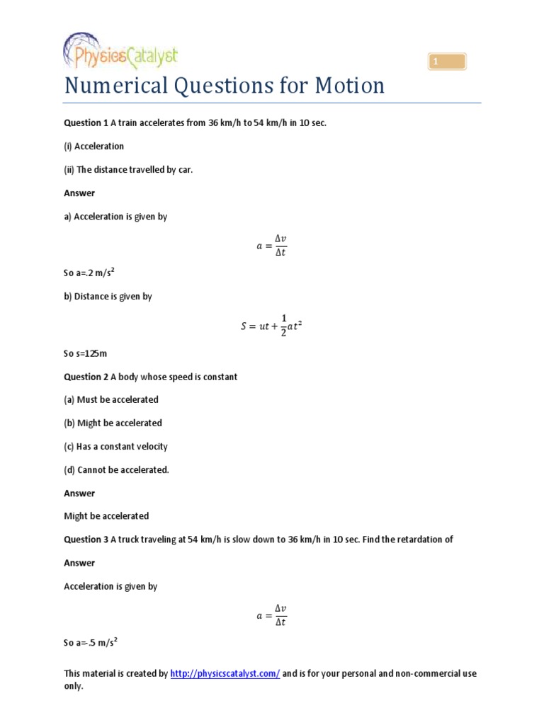 Motion Numericals PDF | PDF | Acceleration | Speed