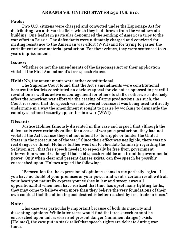 Abrams vs. United States 250 U.S. 610. Facts | PDF | Espionage Act Of ...