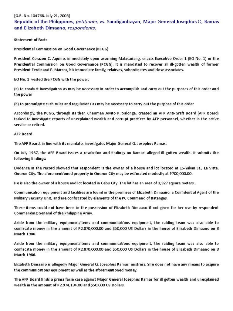 Republic of The Philippines, Petitioner, vs. Sandiganbayan, Major ...