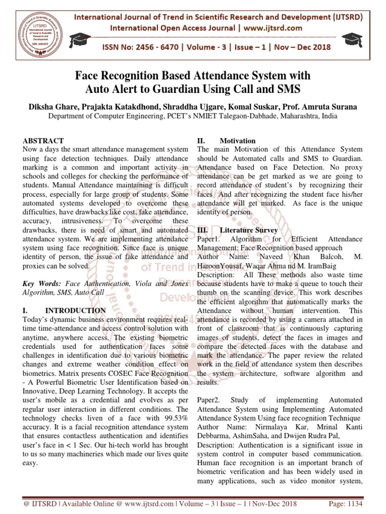 Face Recognition Based Attendance System With Auto Alert To Guardian ...