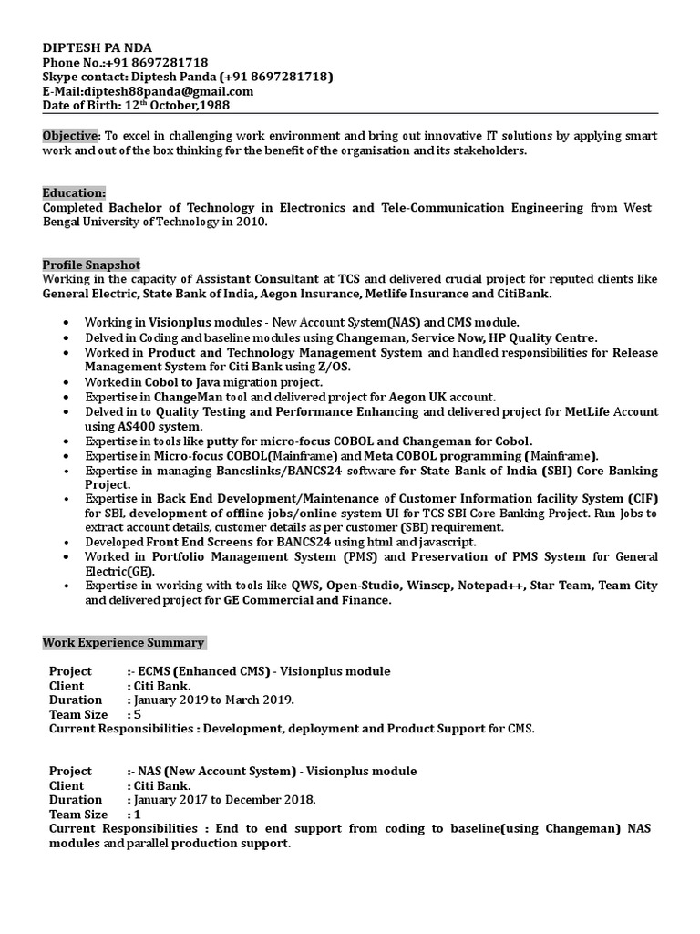 Diptesh Panda - Resume - TCS | PDF | Software | Business