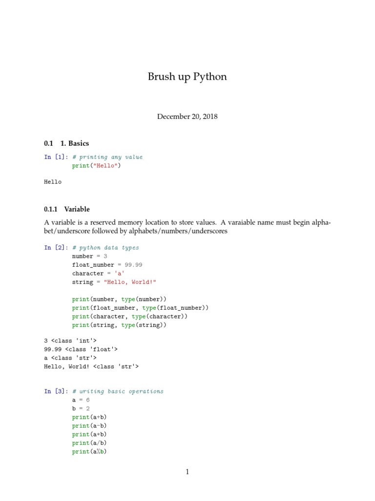 Brush Up Python: 0.1 1. Basics | Download Free PDF | Data Type | Variable (Computer Science)