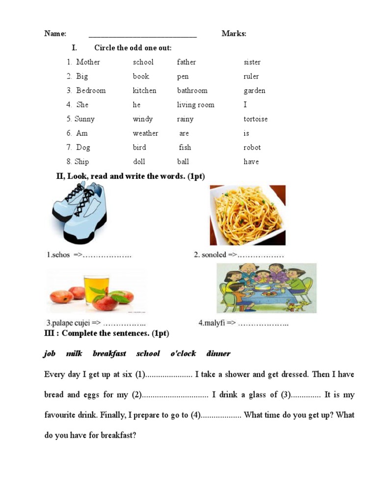 II, Look, Read and Write The Words. (1pt) : Name: Marks: I. Circle The ...