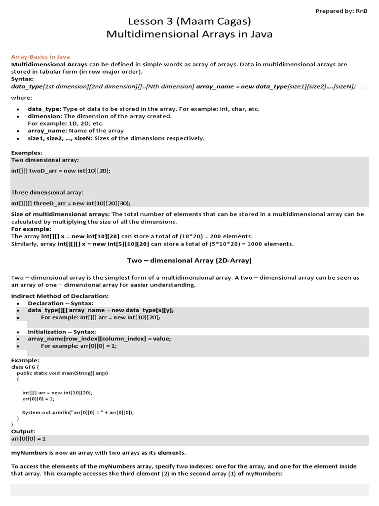 Multidimensional Arrays In Java Maam Cagas Pdf Array Data Type Array Data Structure