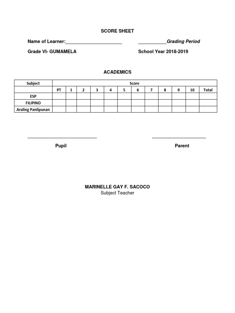 Score Sheet Name of Learner: - Grading Period Grade Vi-Gumamela School ...
