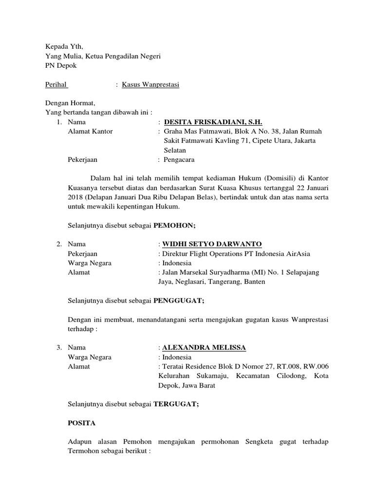 Surat Gugatan Wanprestasi | PDF