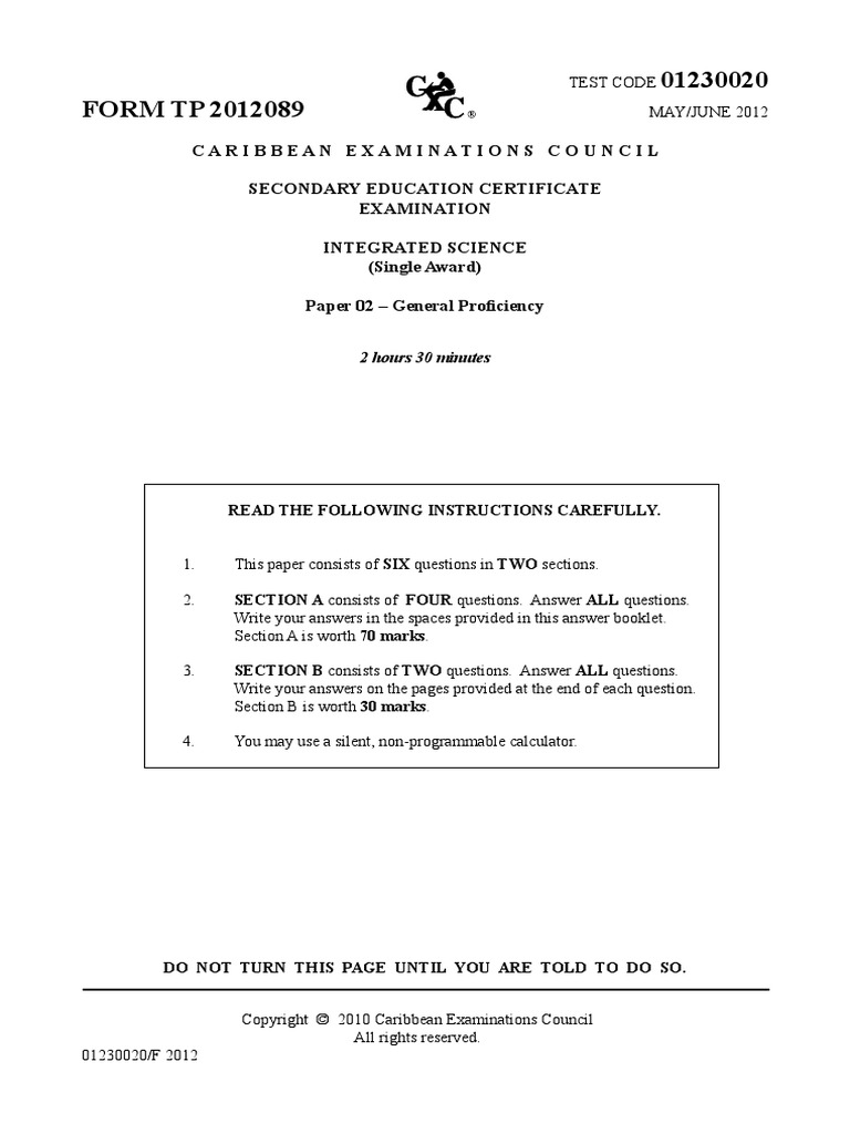 CSEC Integrated Science June 2012 P2 | PDF | Lever | Tooth