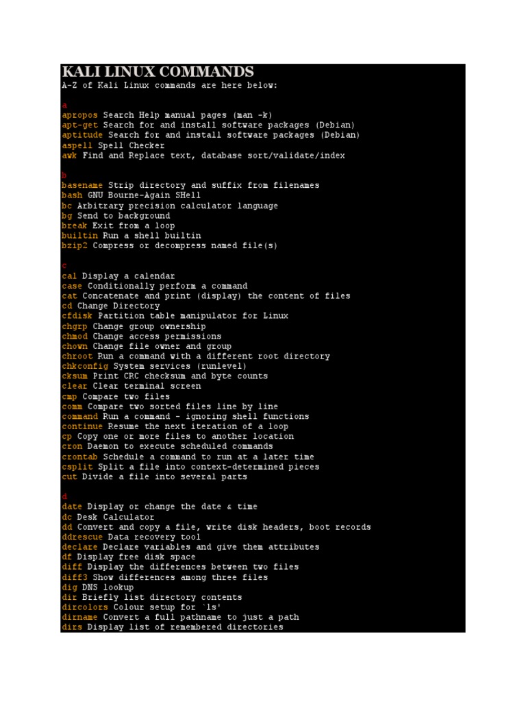 A Comprehensive List of Kali Linux Commands from A to Z | PDF ...
