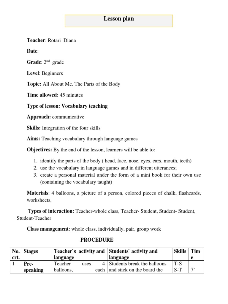 All About Me-Lesson Plan | PDF | Vocabulary | Teachers