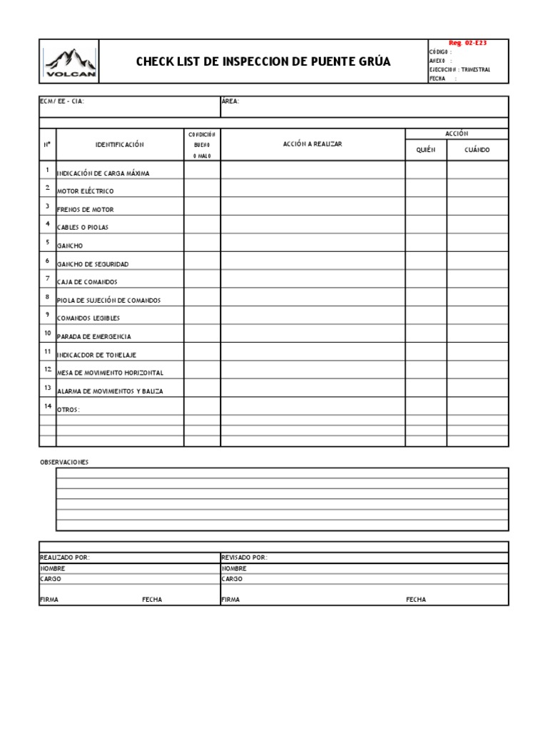 Reg. 02-E23 Check List Para Inspeccion Eslingas Grilletes Otros ...