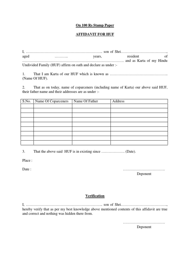 Affidavit for HUF on 100 Rs Stamp Paper | PDF | Affidavit | Legal Documents