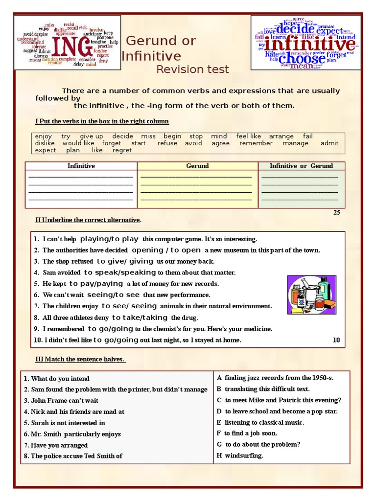 Gerund or Infinitive Revision Test Grammar Drills Tests | PDF