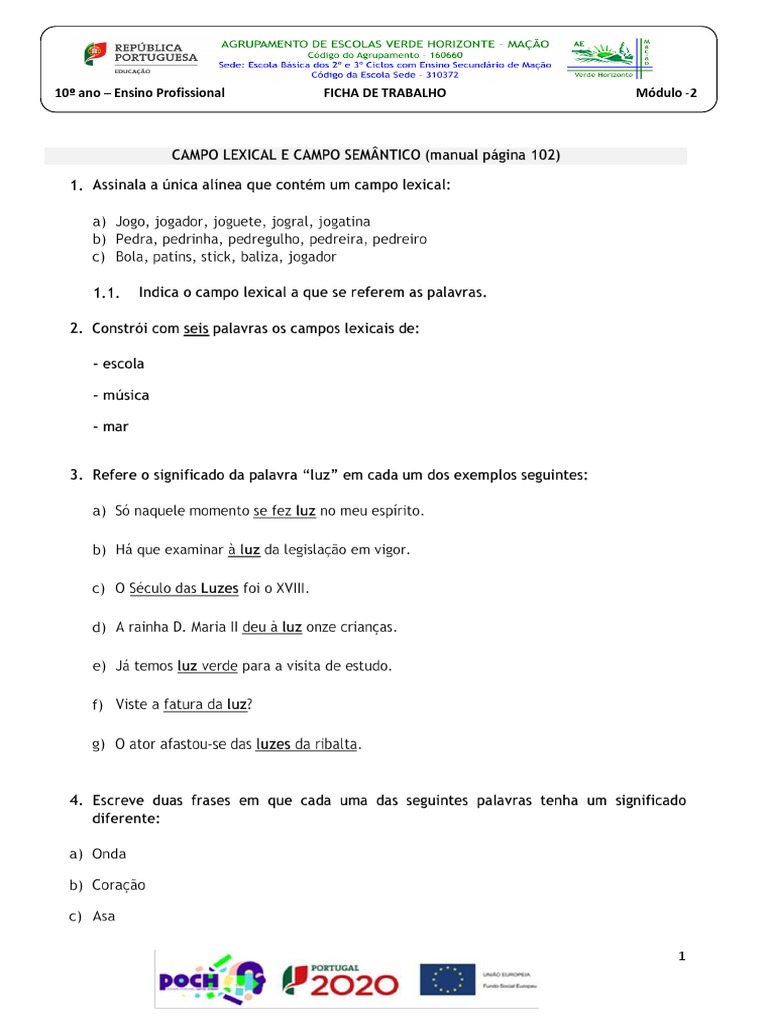Ficha Sobre Campo Lexical e Campo Semântico | PDF