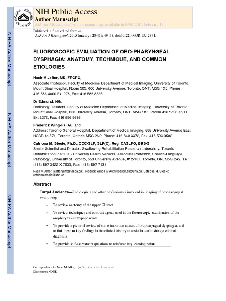Fluoroscopic Evaluation of Oropharyngeal Dysphagia - Anatomic ...