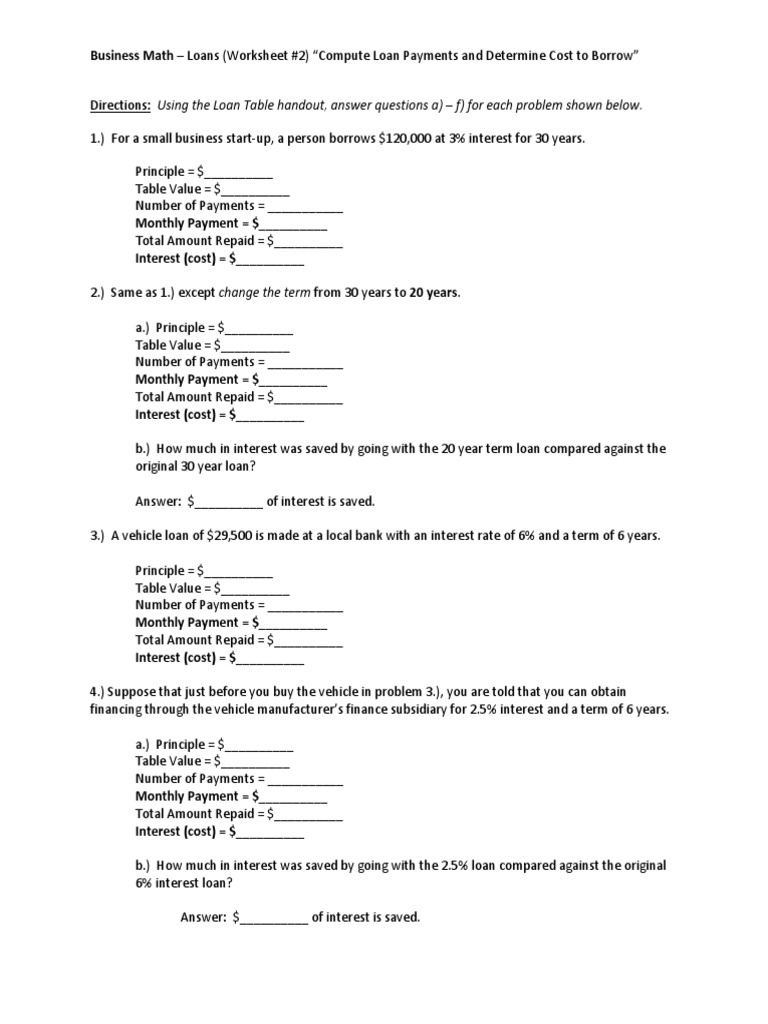02 Business Math Loans Worksheet 2 Payment and Total Cost PDF | PDF ...