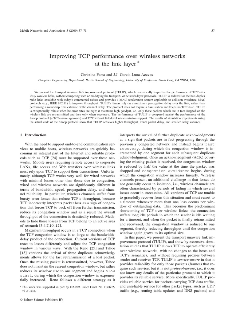 TCP Performance Over Wireless Networks | PDF | Transmission Control Protocol | Network Congestion