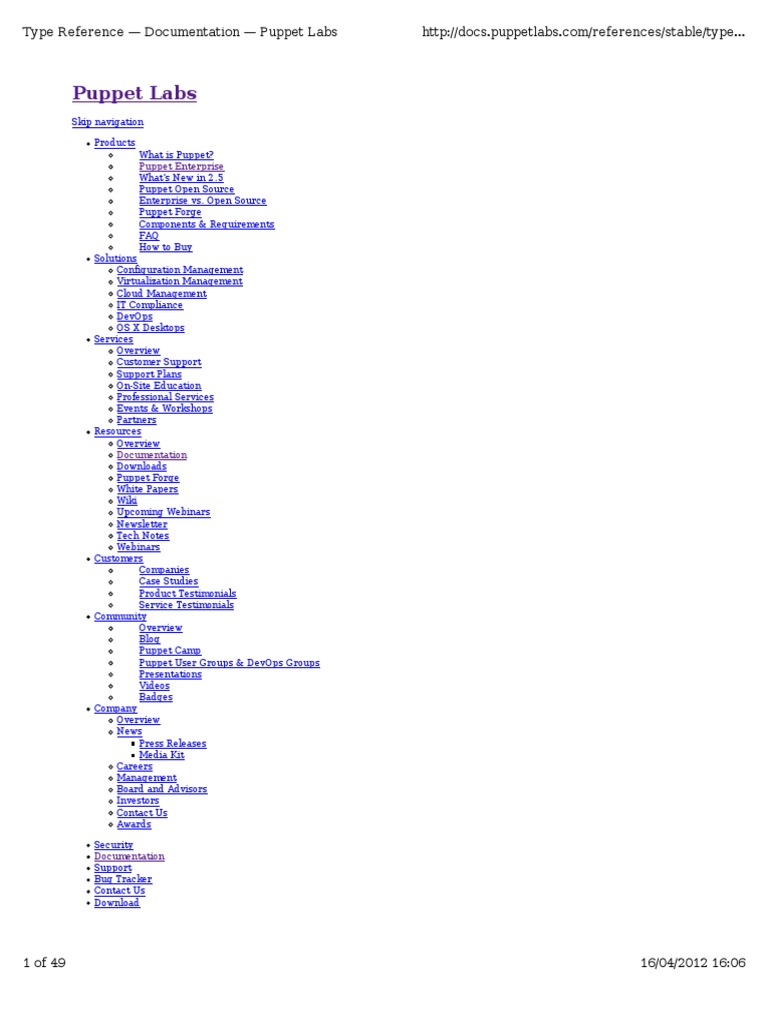 Type Reference - Documentation - Puppet Labs | PDF | Command Line Interface | Computer File