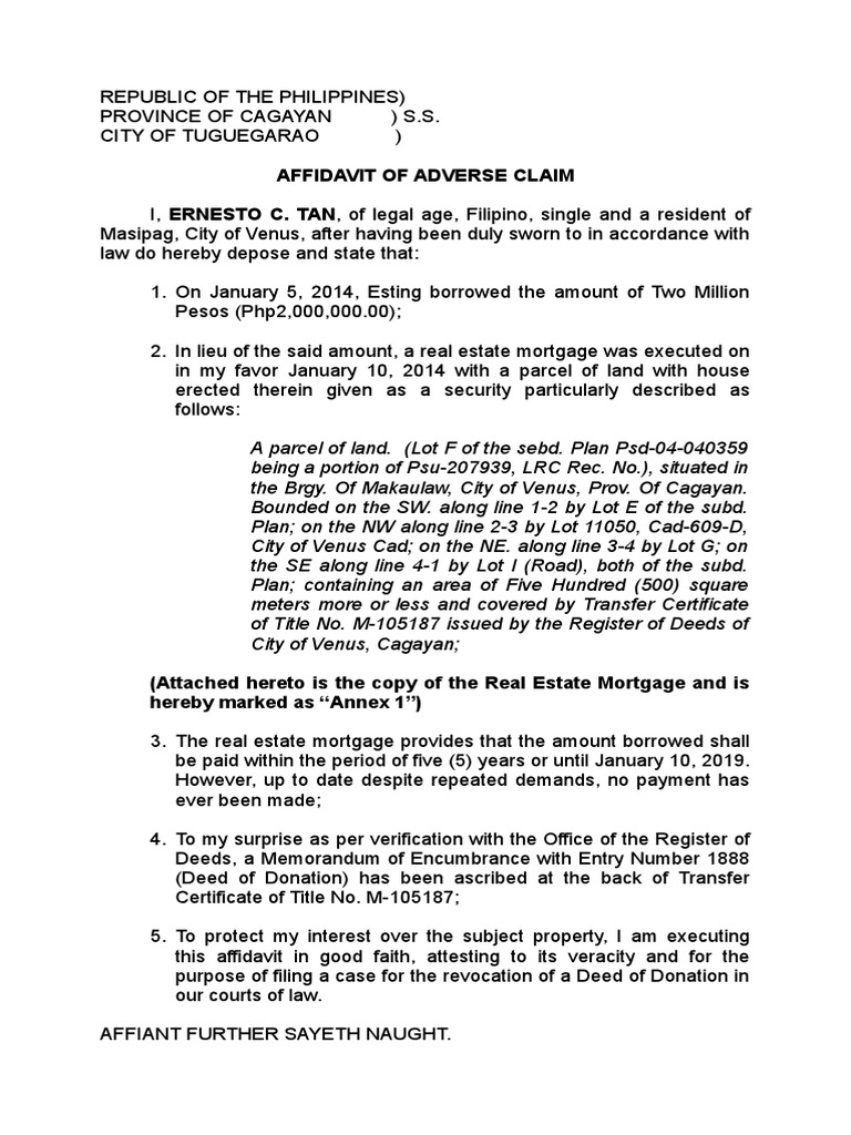 Affidavit of Adverse Claim | PDF | Mortgage Law | Affidavit