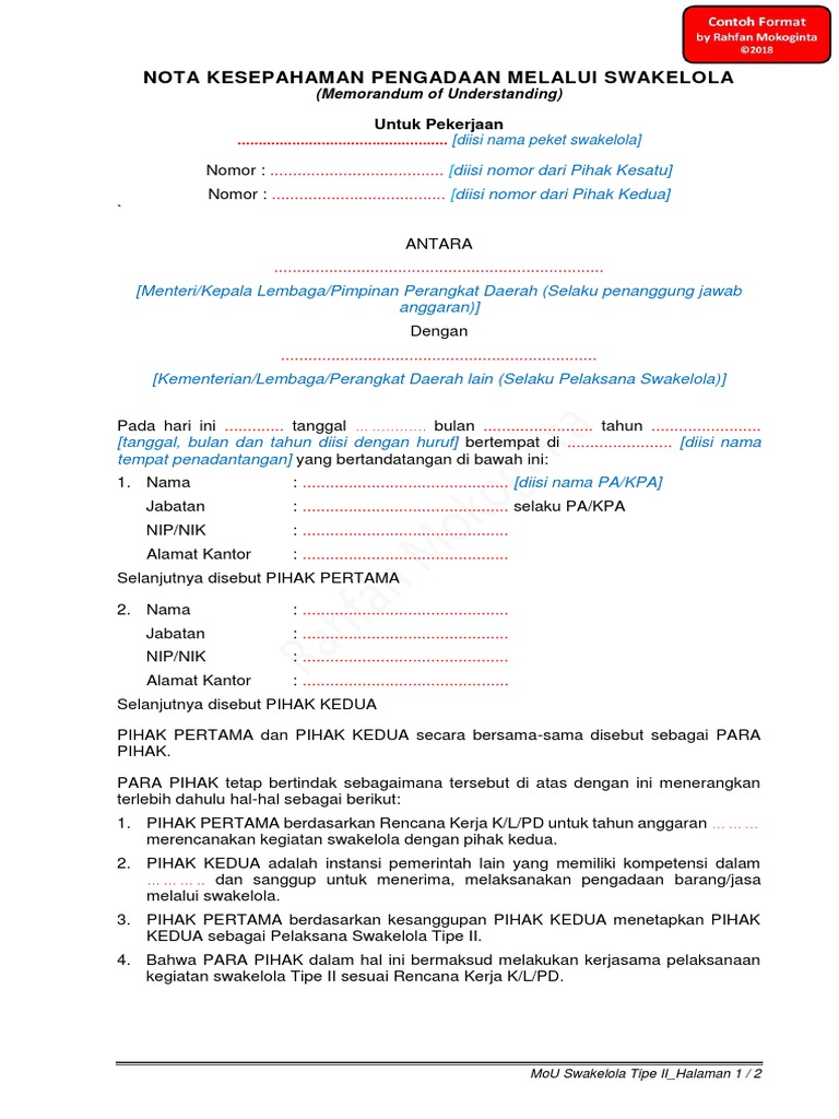MoU Swakelola Tipe II 2018 | PDF