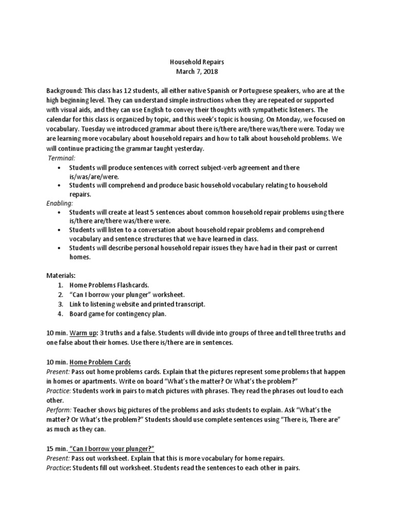 Household Repairs - Lesson Plan | PDF | Vocabulary | Conversation