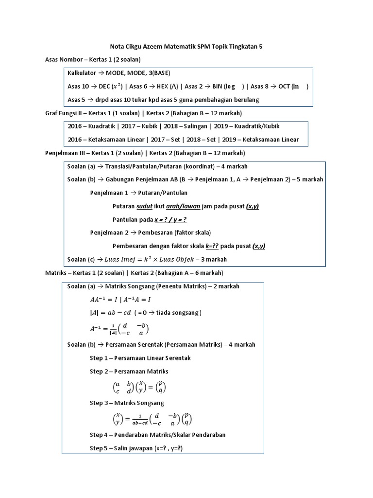 Nota Cikgu Azeem Matematik SPM Topik Tingkatan 5 | PDF