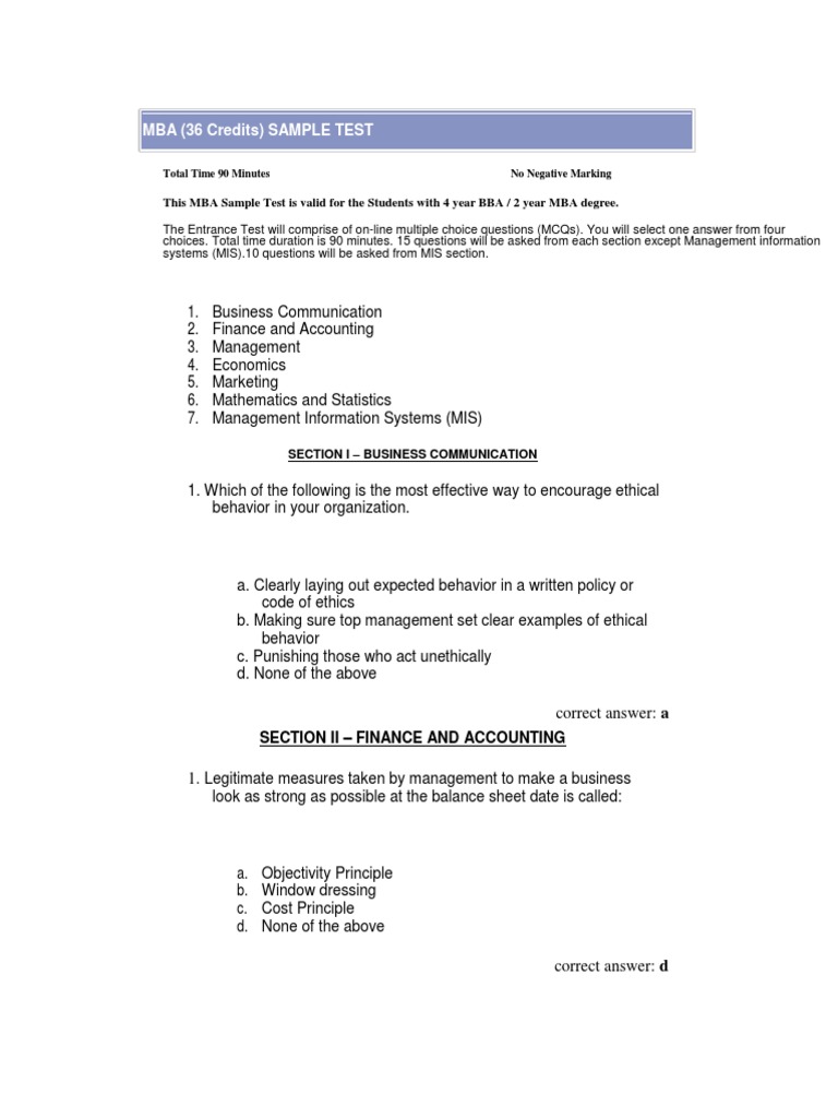 MBA (36 Credits) SAMPLE TEST: This MBA Sample Test Is Valid For The ...