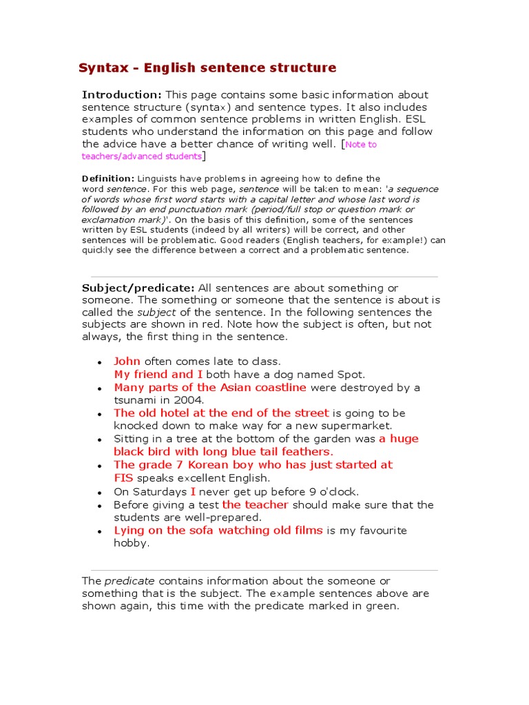 Syntax - English Sentence Structure: Introduction: This Page Contains ...