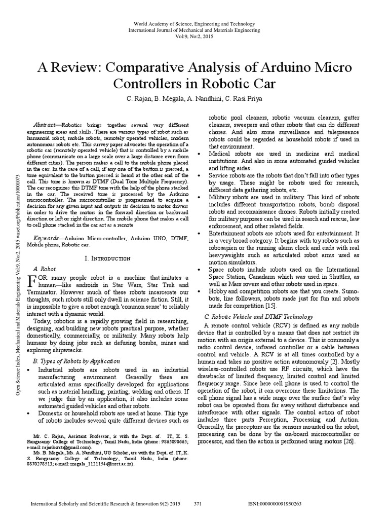 A Review Comparative Analysis Of Arduino Micro Controllers In Robotic Car Pdf Arduino Robot