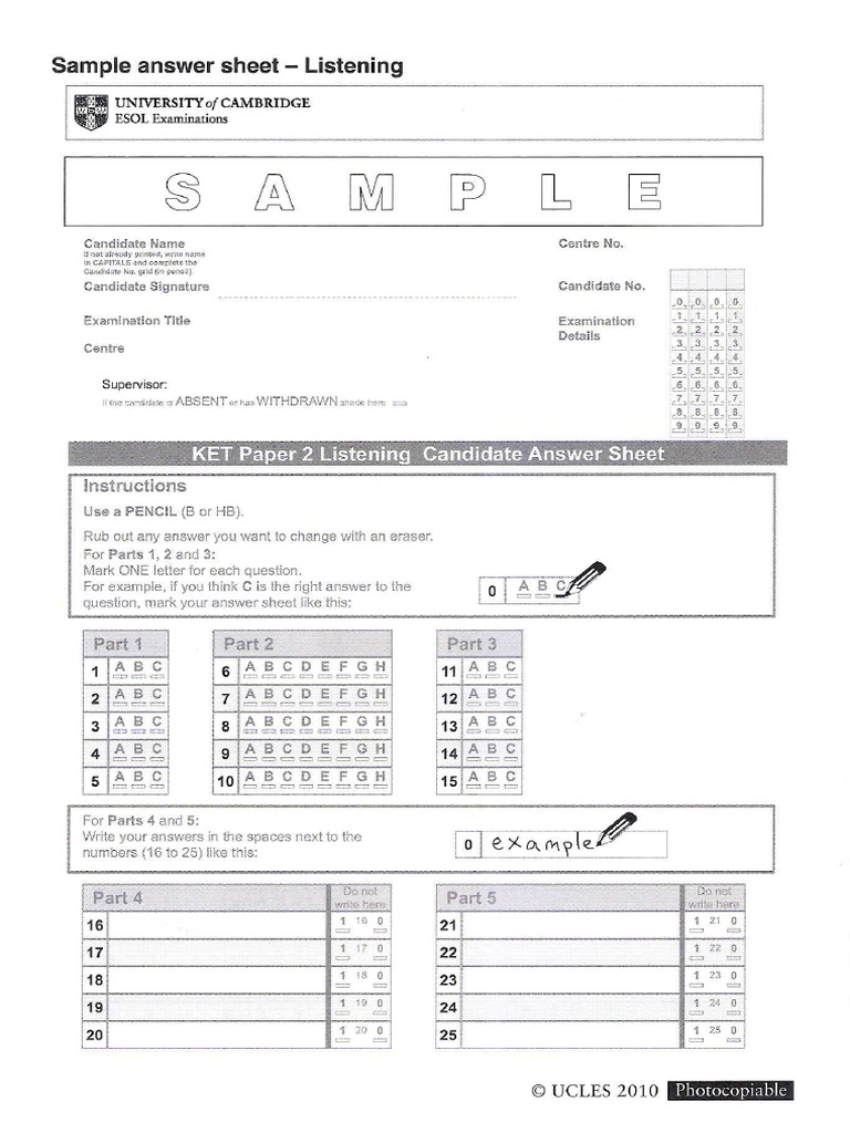 KET Listening Sample Answer Sheet | PDF