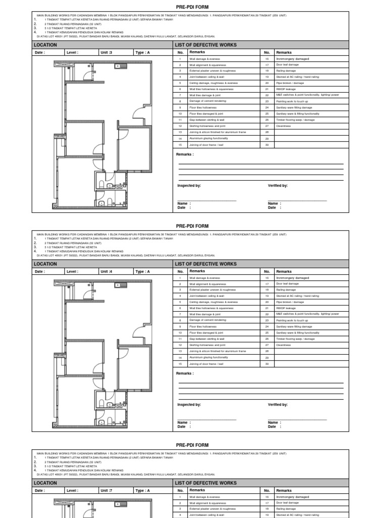 PRE PDI FORM (Typical 1) | PDF | Wall | Tile