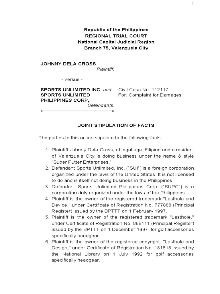 JOINT STIPULATION OF FACTS.pdf | Trademark | Lawsuit