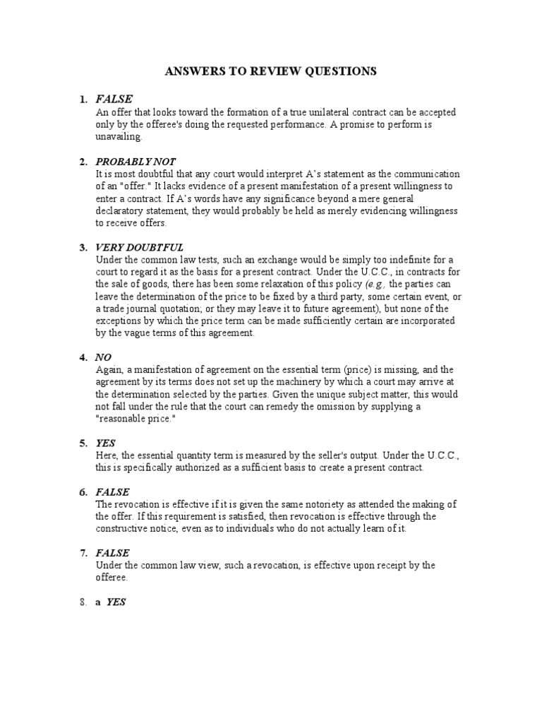 Contract Law Review Questions Explained | PDF | Assignment (Law ...