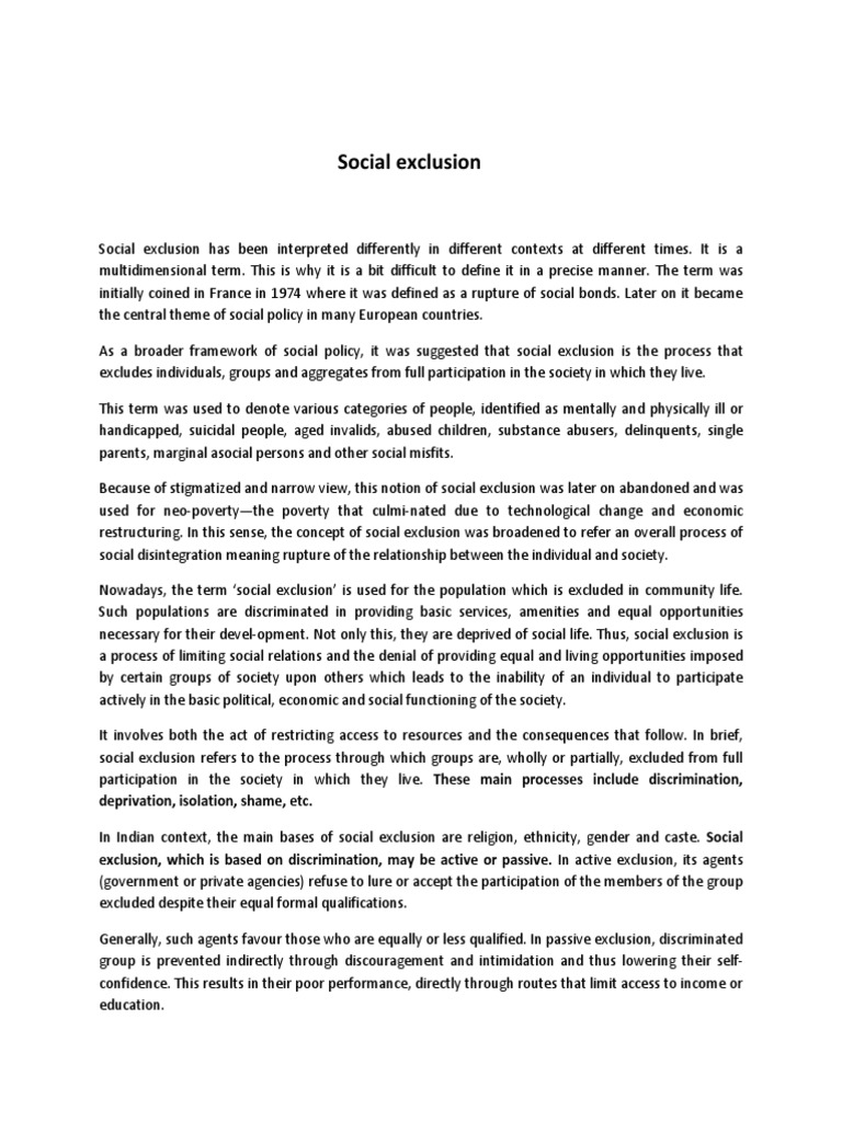 Social Exclusion: Deprivation, Isolation, Shame, Etc | PDF | Social ...